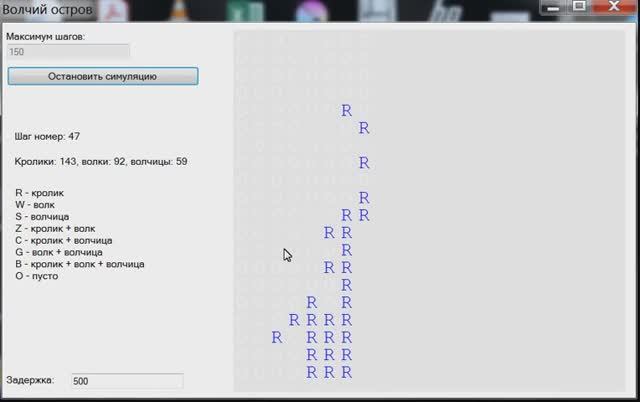 Симуляция «Волчий остров» размер 20х20, заселён дикими кроликами, волками и волчицами. Visual C#