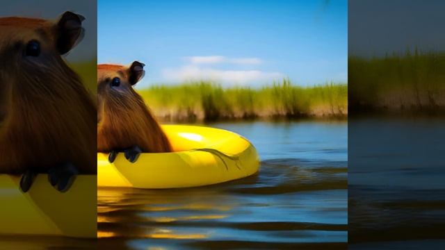 Капибара плавает в жёлтом спасательном круге, нейросеть