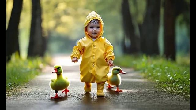 веселые утки и ребенок