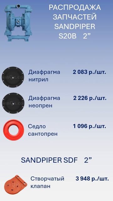 Распродажа запасных частей для мембранных пневматических насосов SANDPIPER. Мембраны, шары, седла.