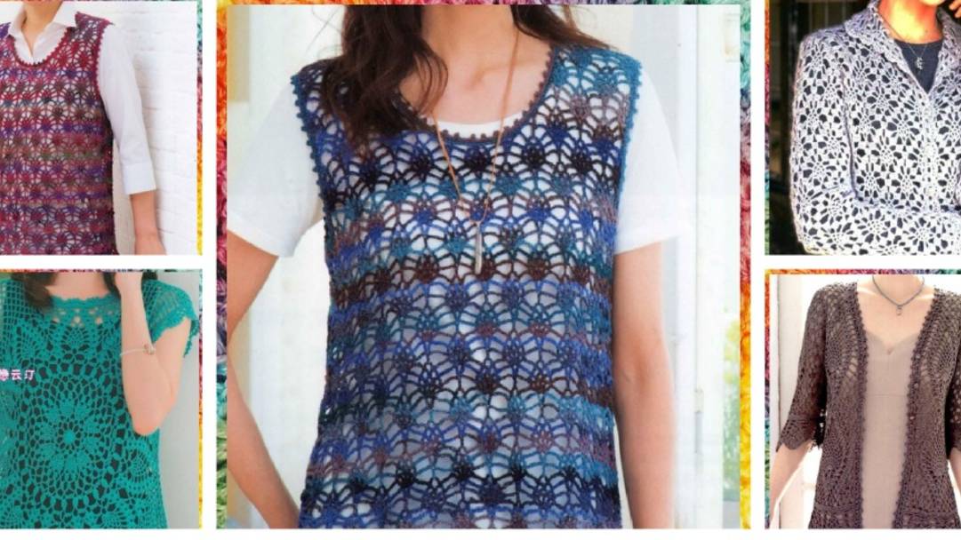 Подборка из 13 кофточек с узором "МИНИ-АНАНАС", связанные крючком. Подборка №2.