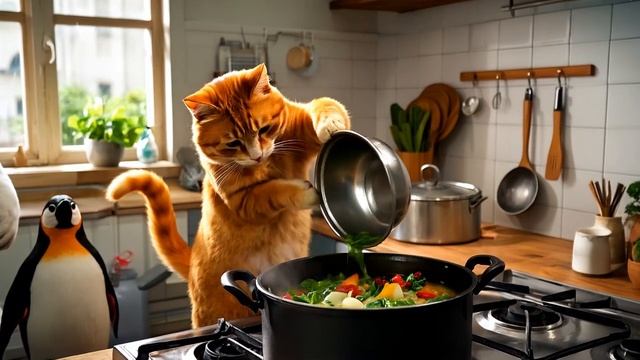 Котенок спас пингвина и забрал его домой