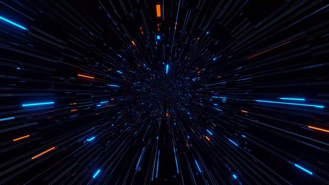 Зацикленный футаж: Темно-синий фон и ярко-оранжевые лучи, летящие в камеру из глубины