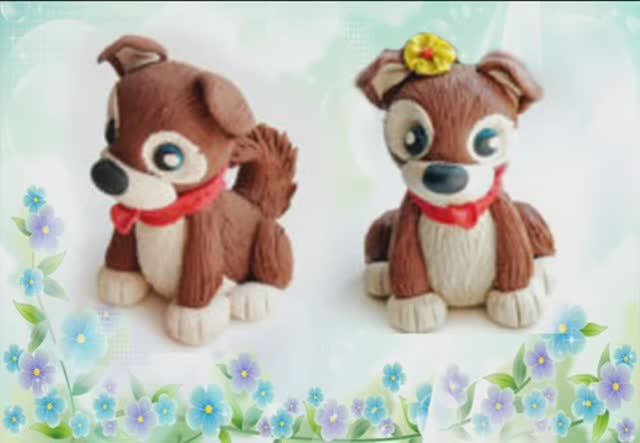 Лепим из пластилина коричневого пёсика с белыми пятнами