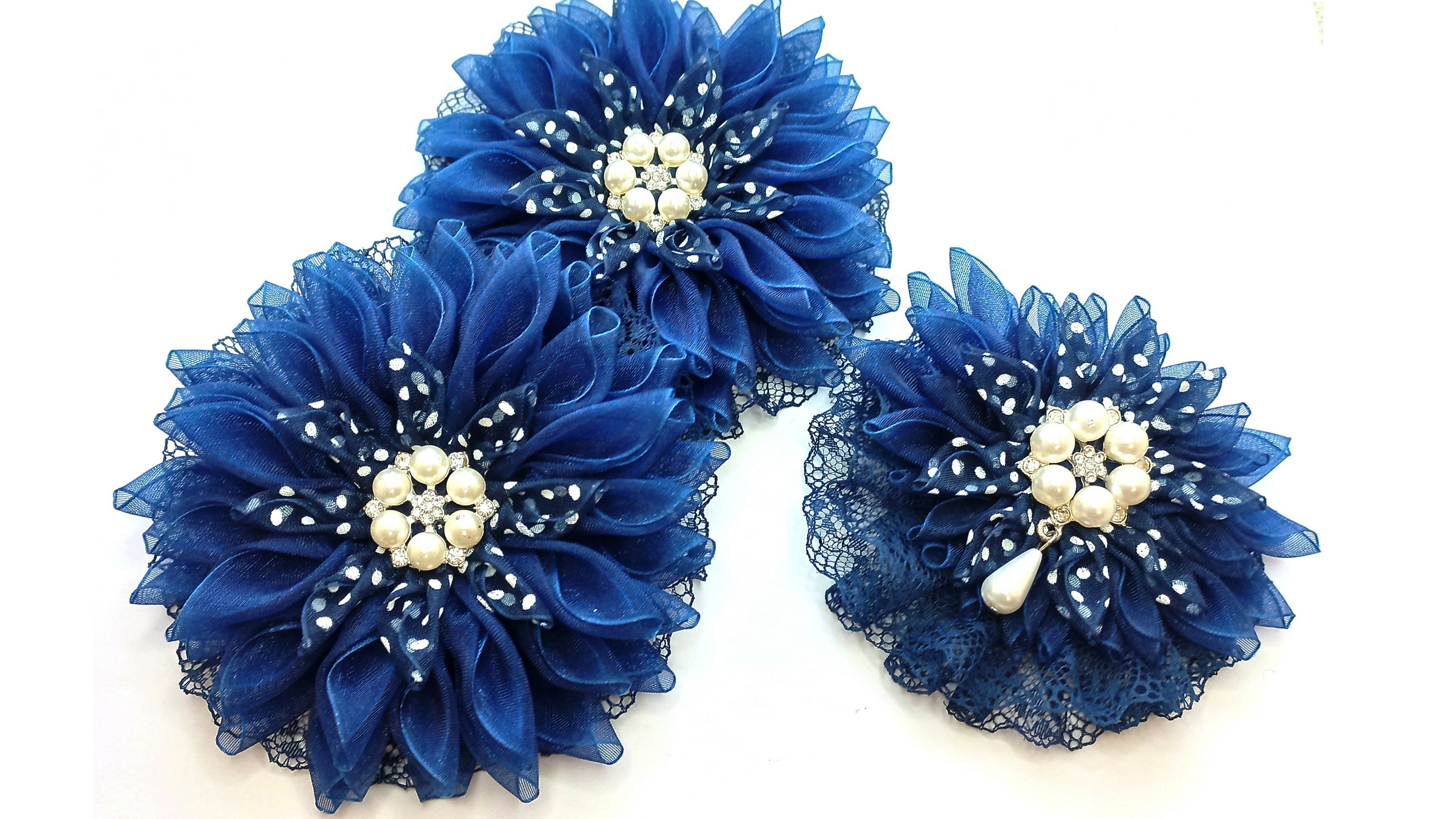 Синий в белый горошек набор (видео) - банты и галстук-брошь/заколка (2510)