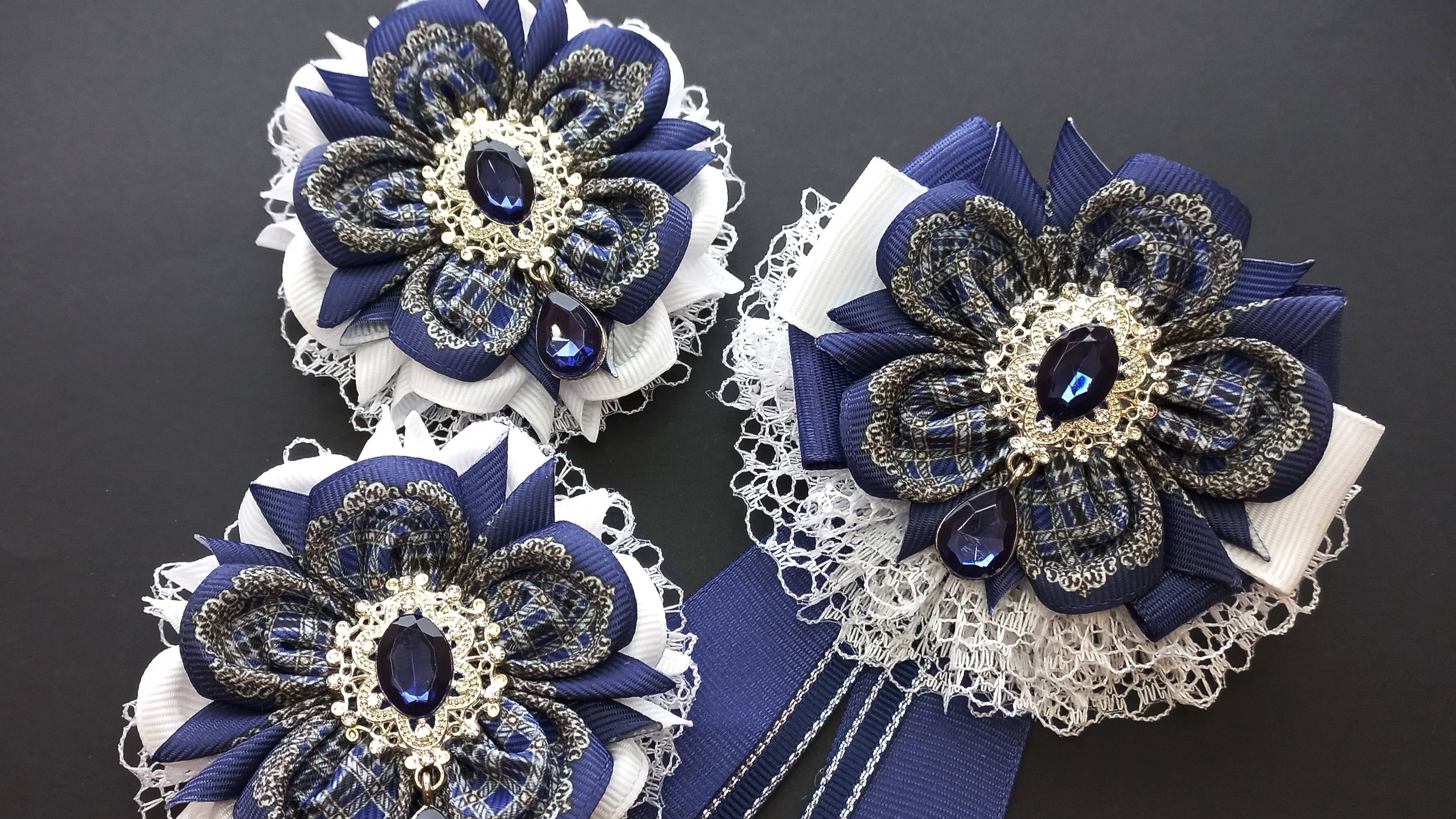 Школьный набор (видео) банты галстук-брошь/жабо сине-белый (2509)