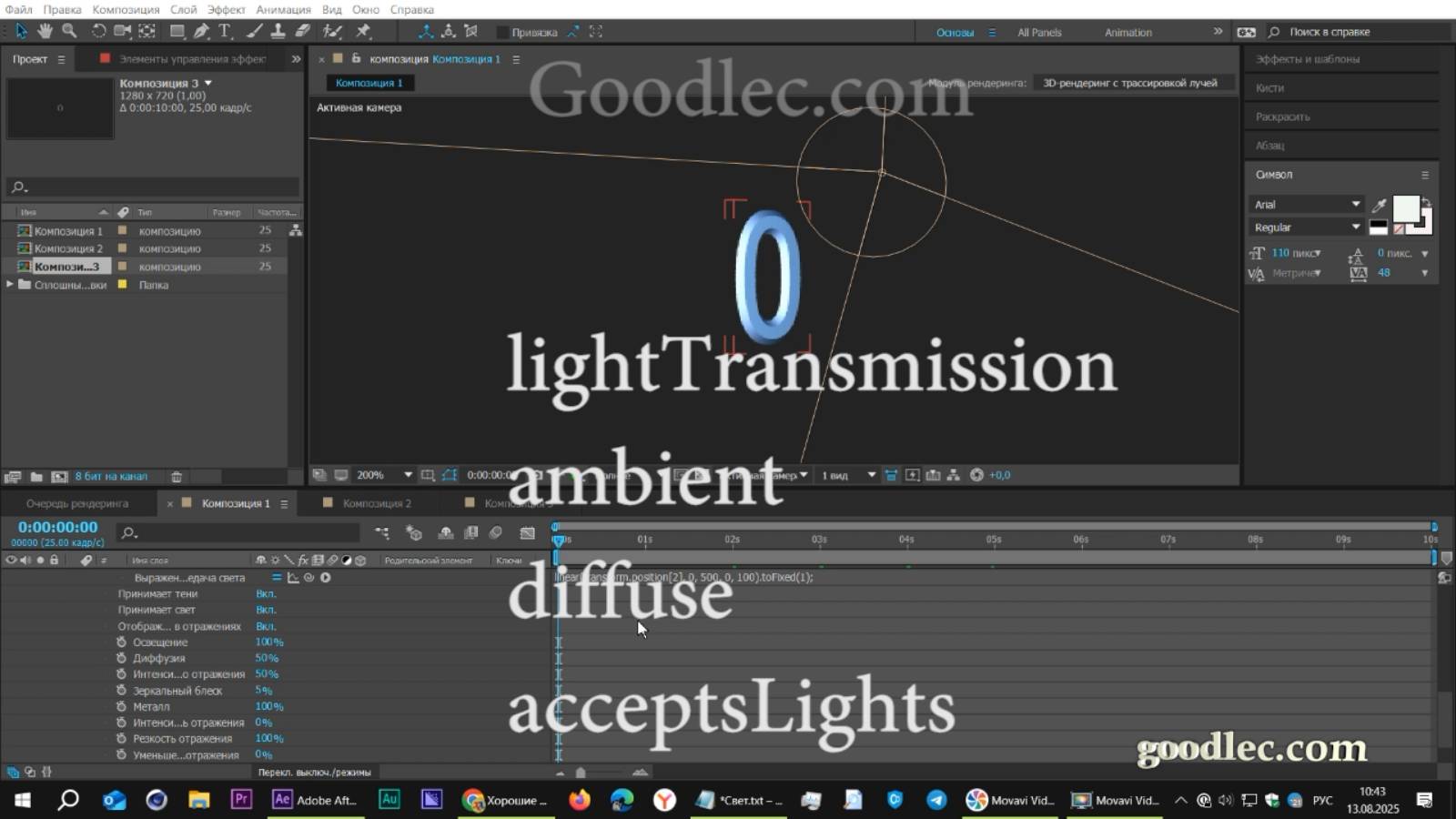 Выражения. Свойства lightTransmission  ambient   diffuse   acceptsLights в After Effects