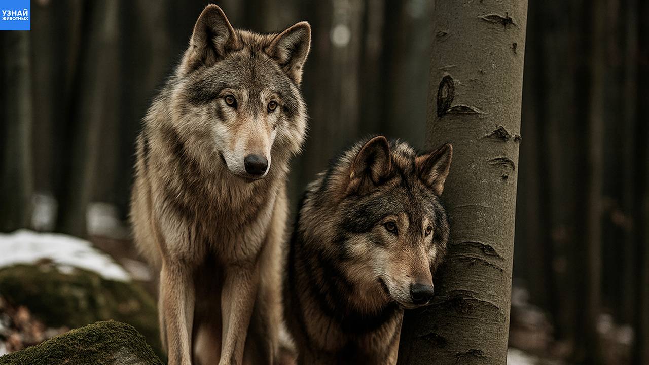 Волчья стая гонится за молодым оленем в лесу