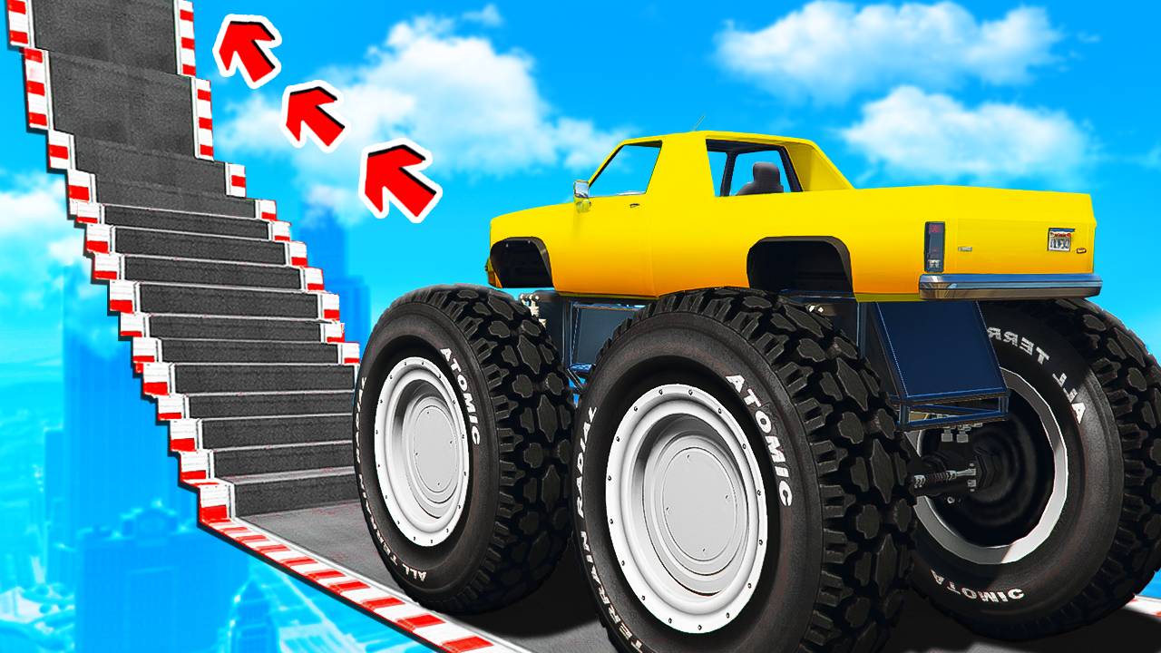 СМОГУТ ЛИ ОГРОМНЫЕ ТАЧКИ ПРОЕХАТЬ ПО СТУПЕНЬКАМ ЛЕСТНИЦЫ В ГТА 5! ЭКСПЕРИМЕНТ В GTA 5!