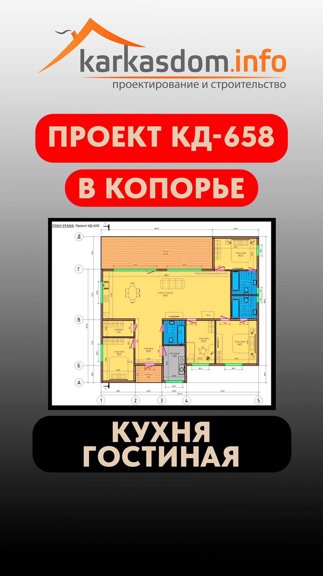 Обзор_каркасного_дома по проекту КД-658, Копорье Кухня-гостиная с панорамным остеклением, площадью