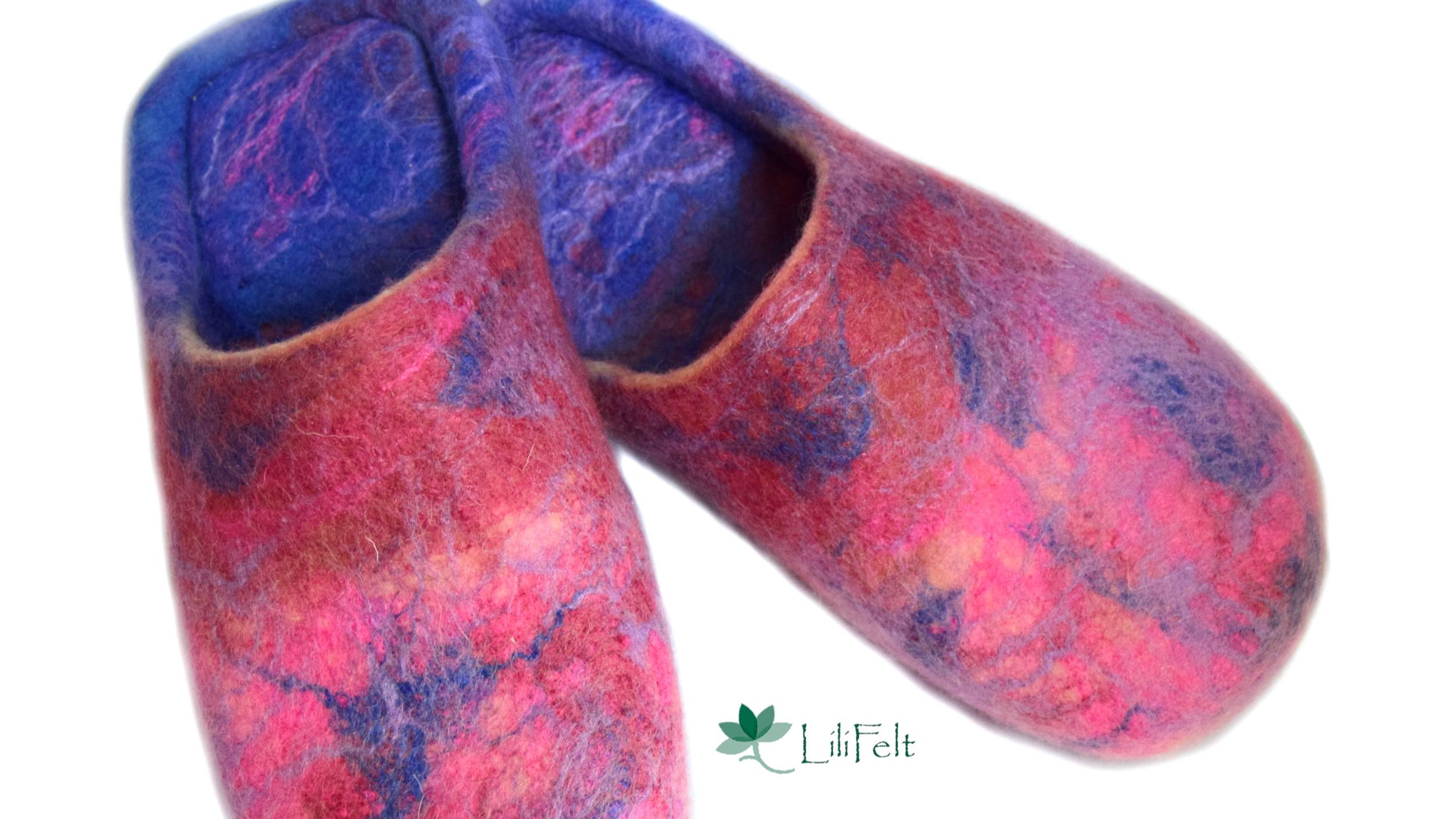 Валяные тапочки ручной работы Розово-синий "мрамор"