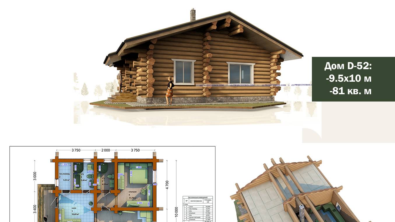 Проект дома из бревна 9.5х10 м