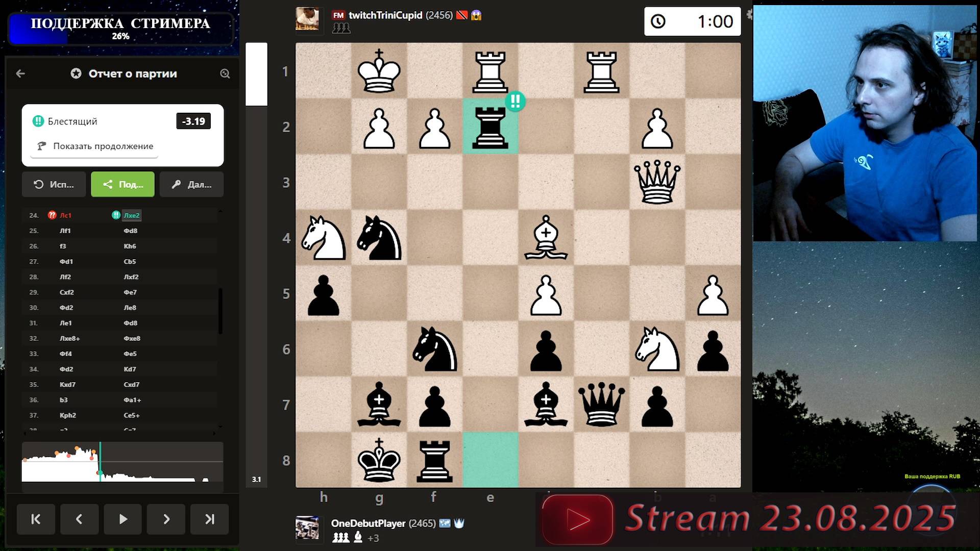 Блиц 3+0 на chess.com 23.08.2025 соперники от 2400 | Elshad system