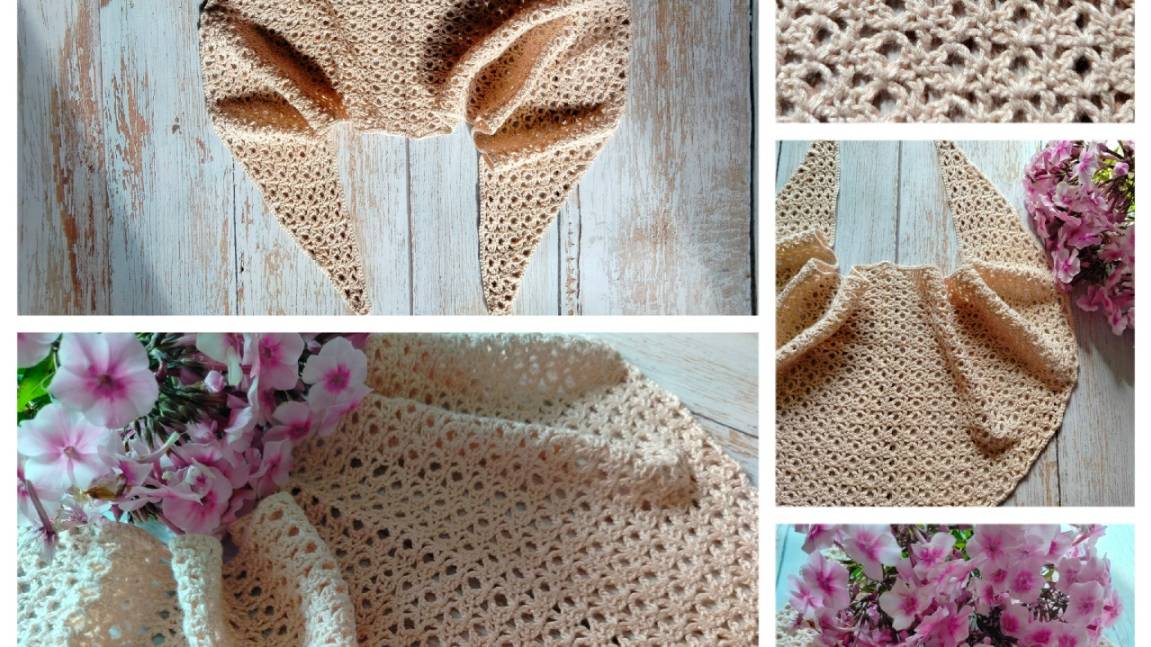 Ажурная косынка - бандана крючком из пряжи жемчужная от пехорки. Схема вязания.