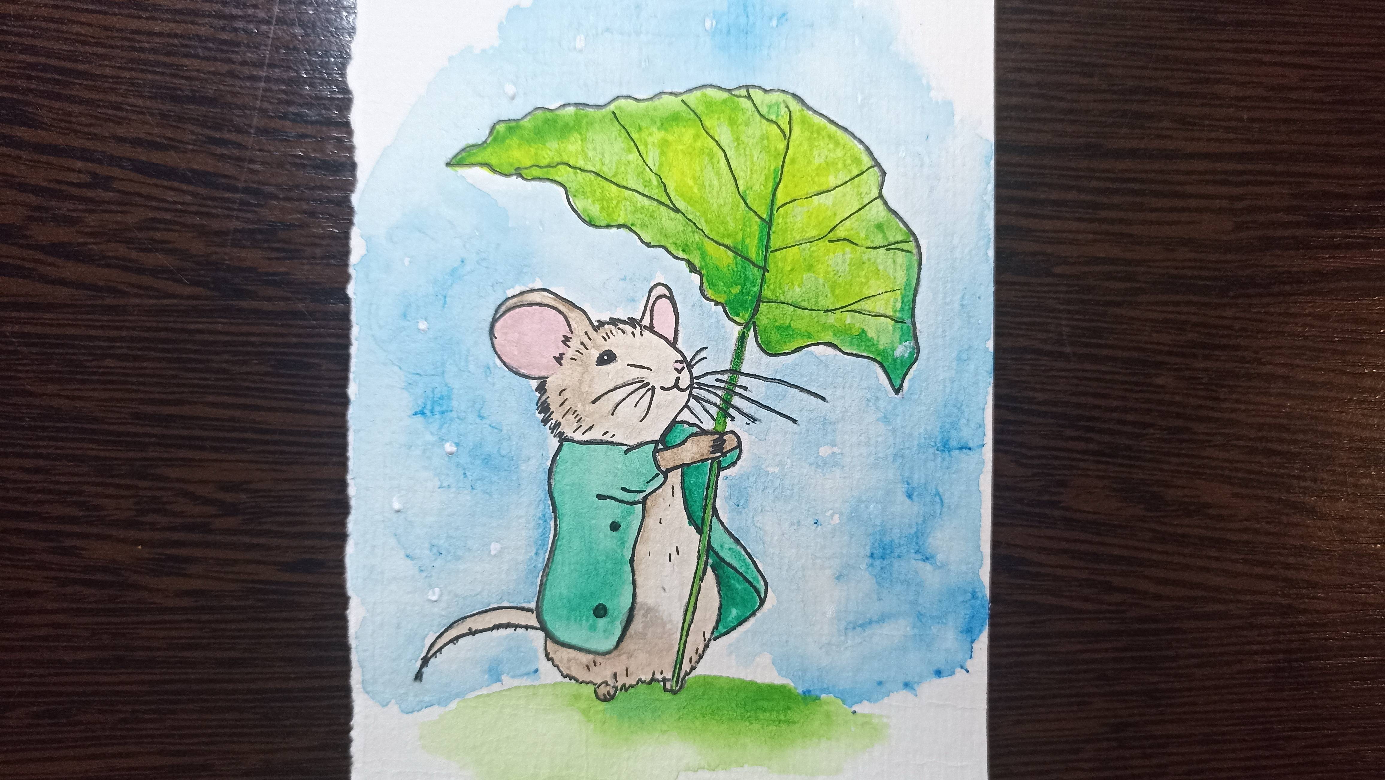 Рисунок акварелью / Мышонок прячется от дождика