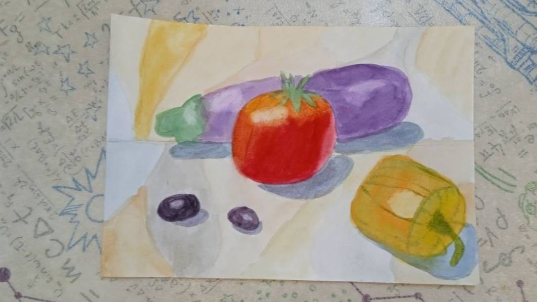 Урок 33. 🎨 Акварельный натюрморт: баклажан, перец, помидор и оливки.