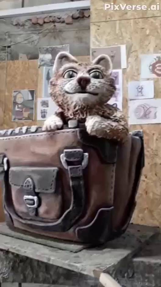 парковая скульптура кота в  сумке из  арт бетона.