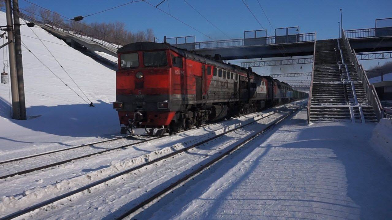 Тепловозы 2ТЭ10У-0192 и 2ТЭ116У-0103Б/0090Б. Двойная тяга 10Д100 с Котопёсом на подъёме.