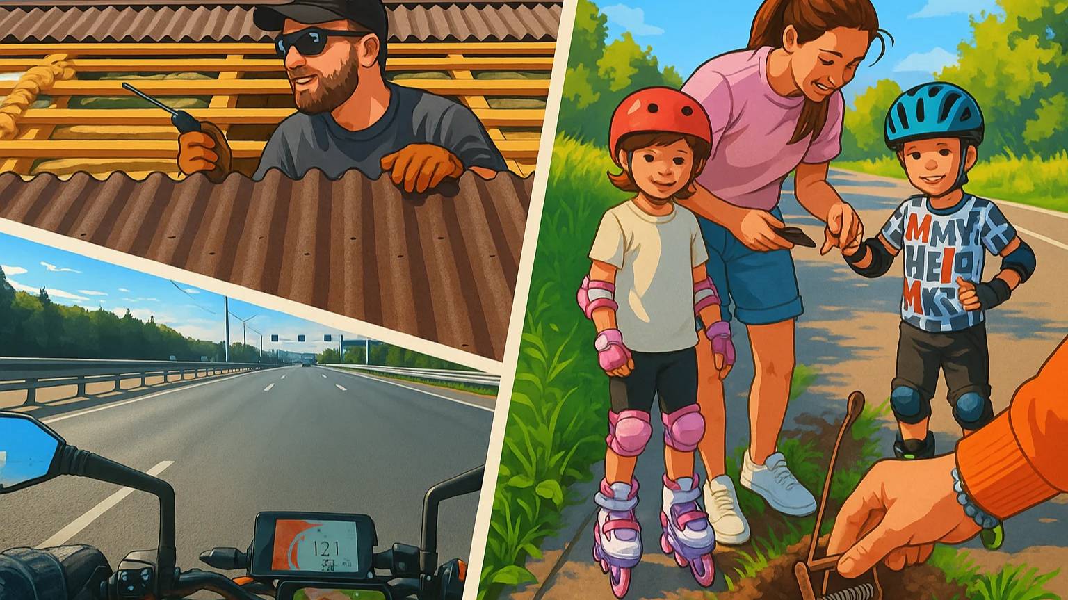 Доделали крышу, на мото на работу, на роликах с детьми / 35 неделя 2025 года