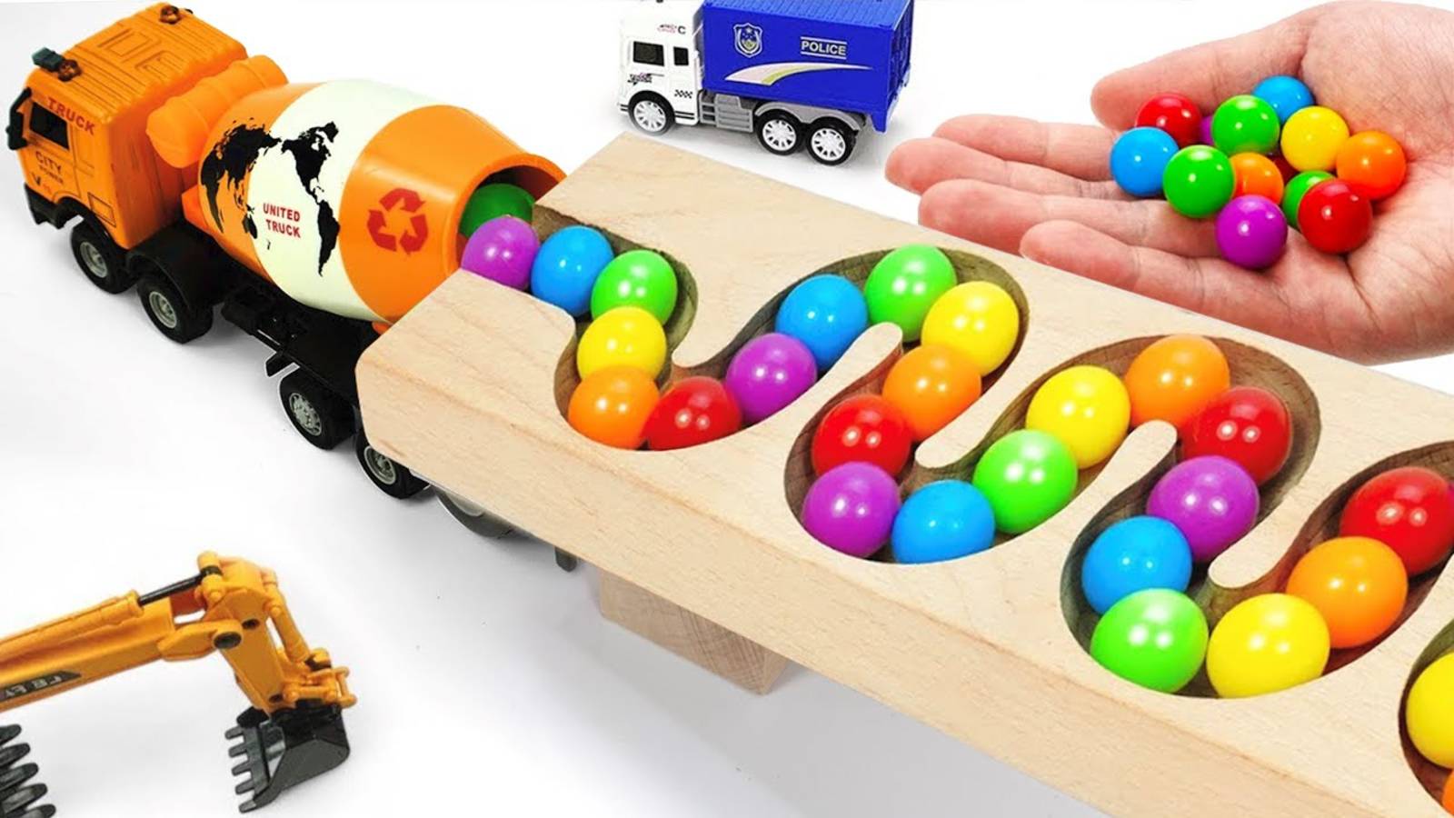 Забег мраморных шариков Склон ☆ Самосвал Экскаватор Скорая помощь Погрузчик Мусоровоз Трактор