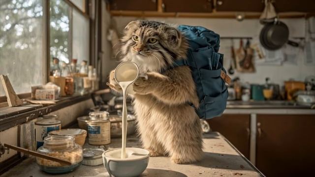 Кот-манул собирает ингредиенты для панкейков нейросеть.