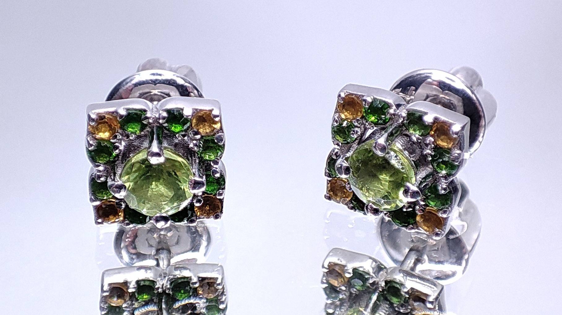 Серьги-пусеты с камнями Хризолит, Хромдиопсид, Цитрин