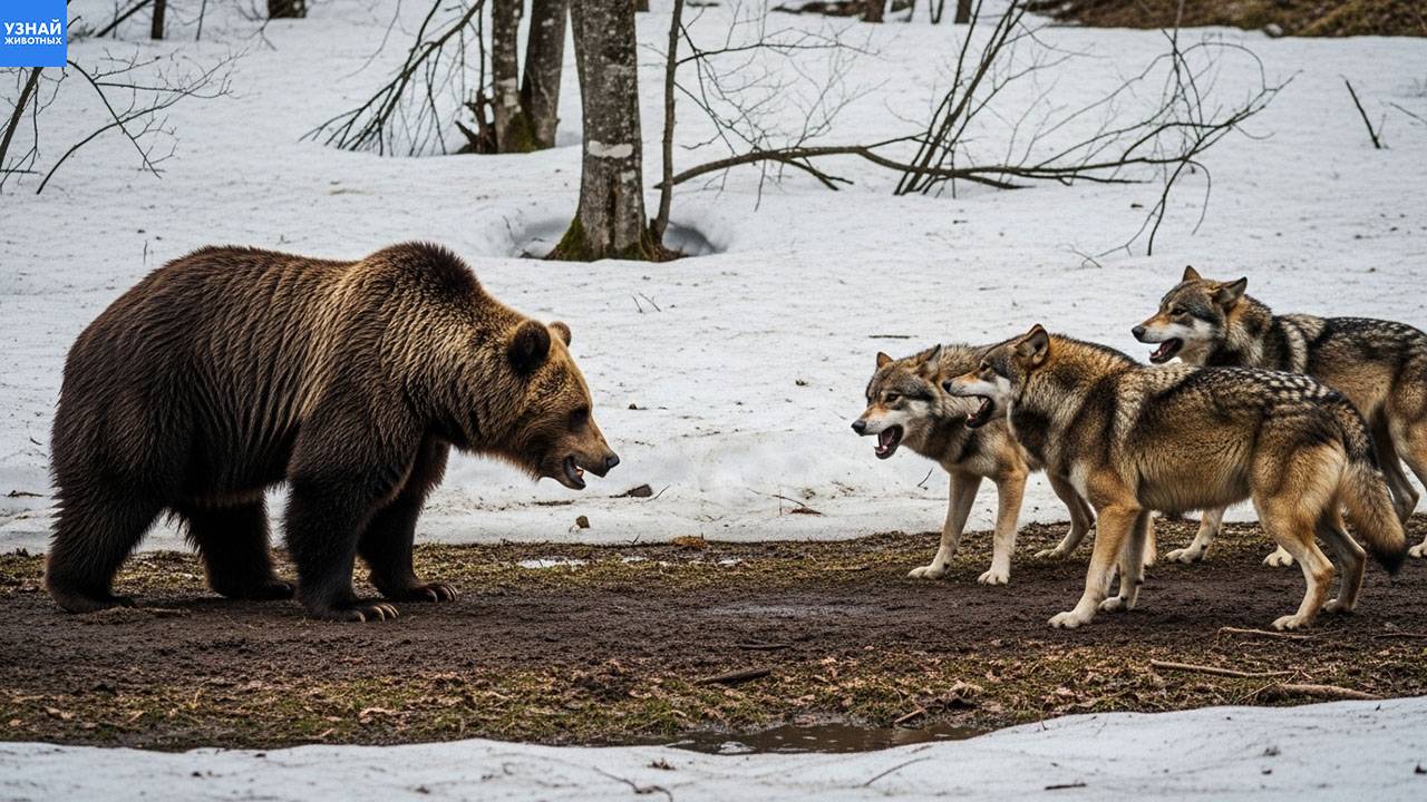 Mедведь против стаи волков! Жесткая борьба за добычу!