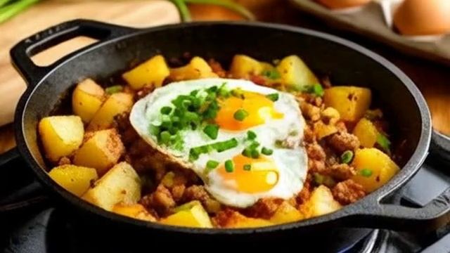 Жареная картошка с яйцом и мясом