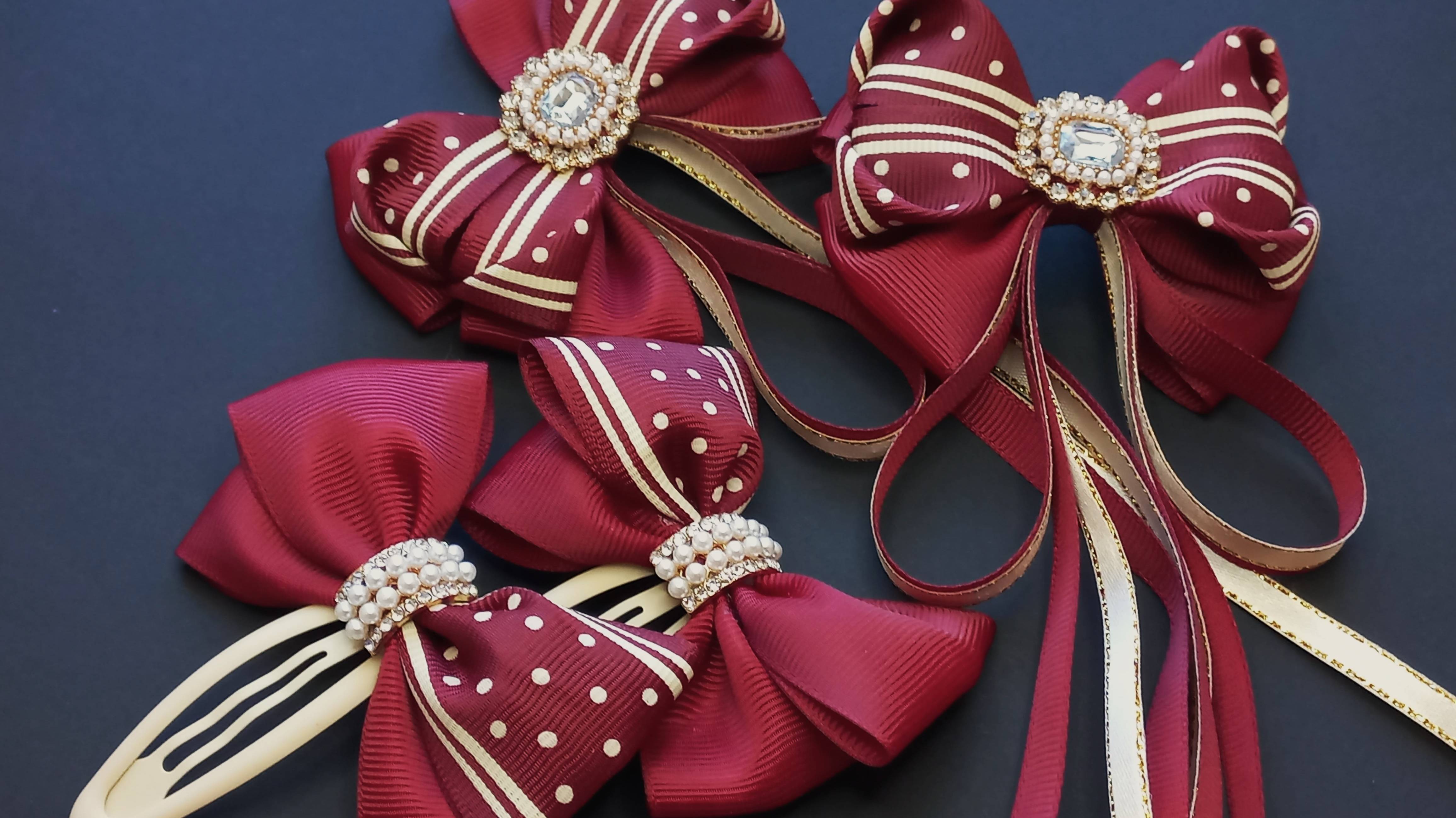 Бордово-бежевые банты и заколки из репсовой ленты (24207)