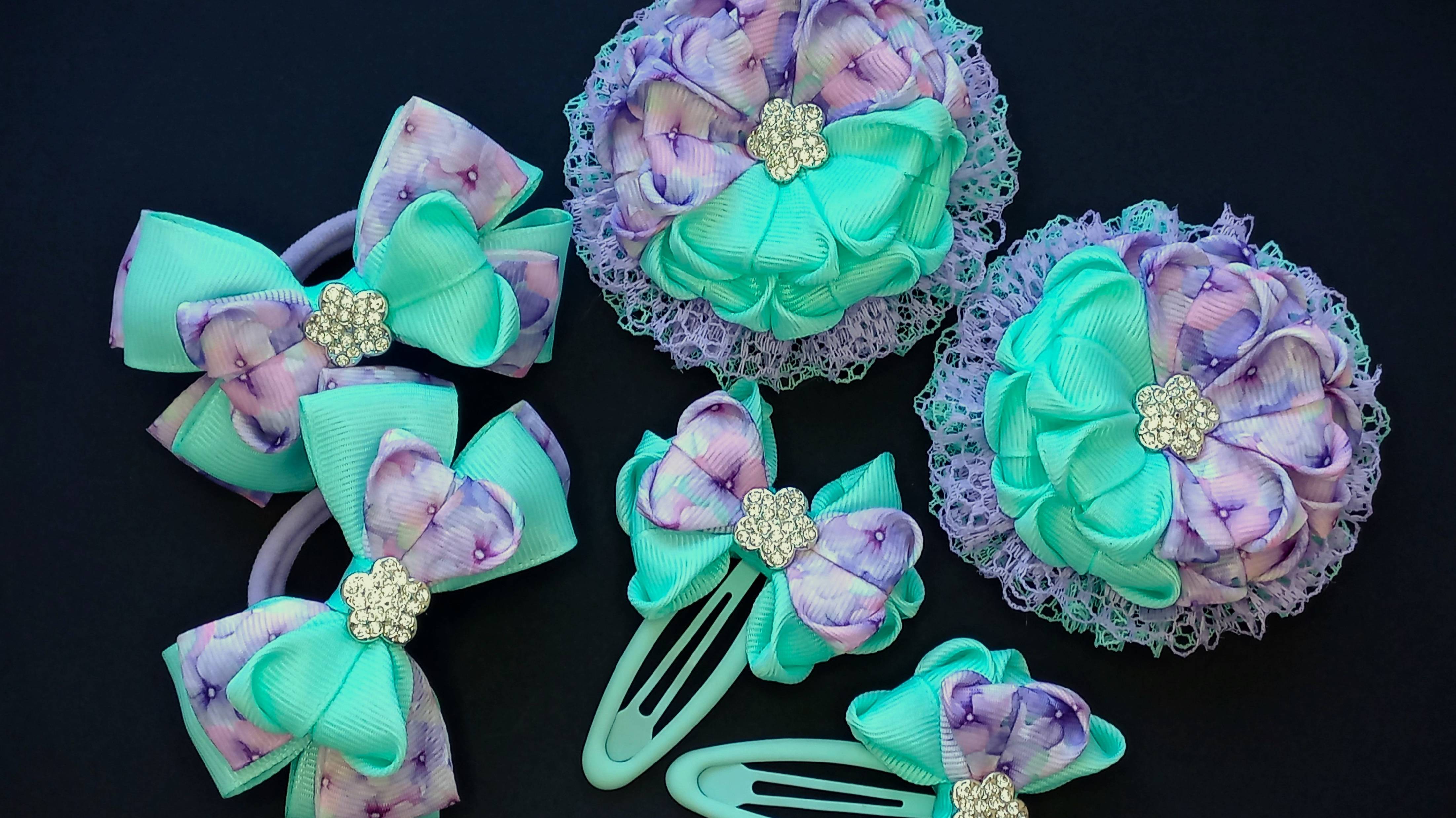 Мятно-сиреневый набор из репсовых лент и кружева (24214)