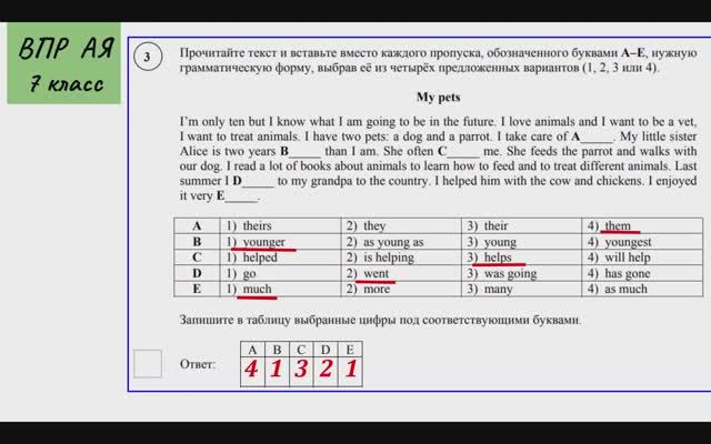 ВПР 7 класс Задание 3 My pets Полный разбор с ответами