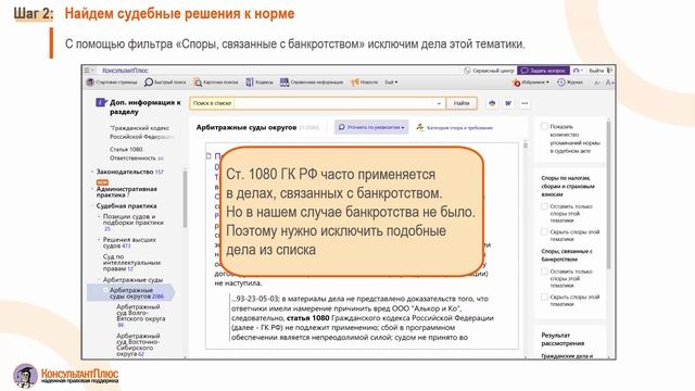 Уточнение списка судебных решений с помощью фильтров по тематике и по количеству упоминаний нормы