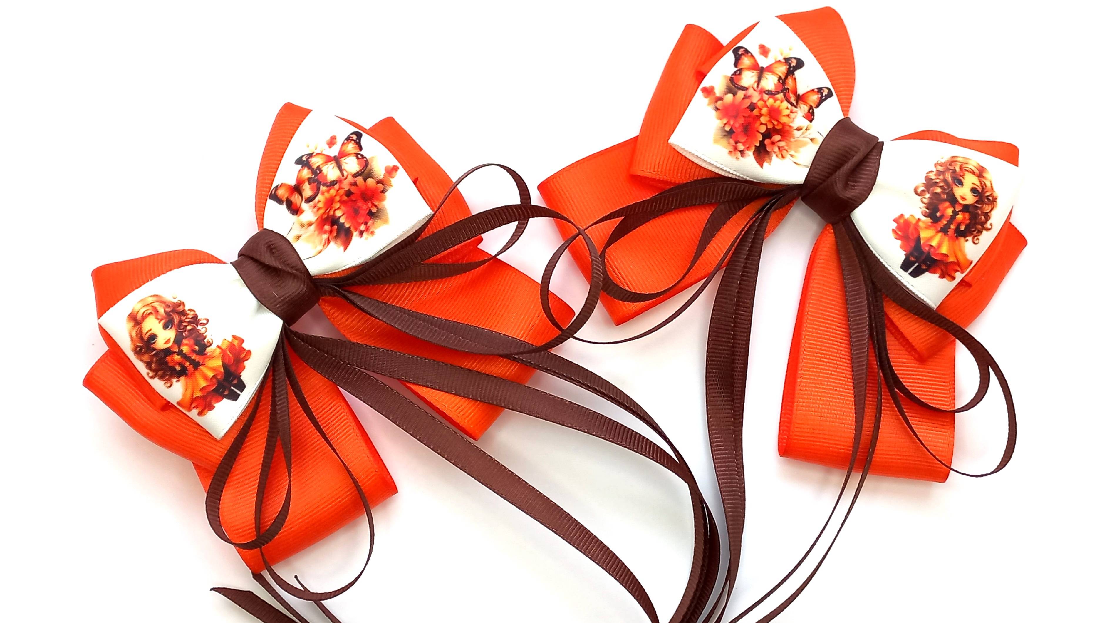 Оранжево-белые банты с сублимацией №2 из репсовых лент (2528)