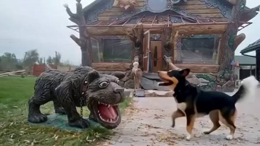 скульптура  собачки и будки на  даче.из арт бетона