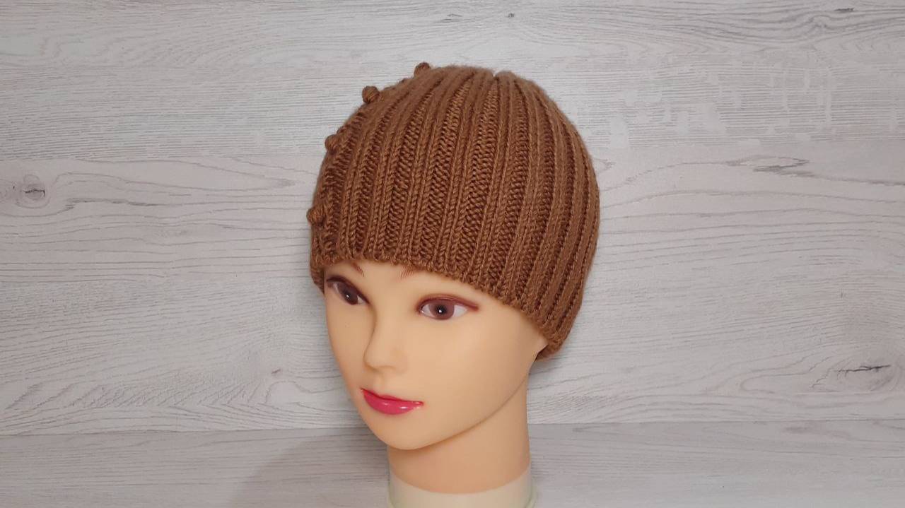 ШАПКА СПИЦАМИ РЕЗИНКОЙ 2 НА 2 ЯПОНСКИМ узором с ФАБРИЧНЫМ наборным краем и АККУРАТНОЙ макушкой