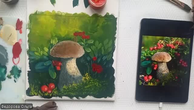 Гуашь. Гриб и брусника