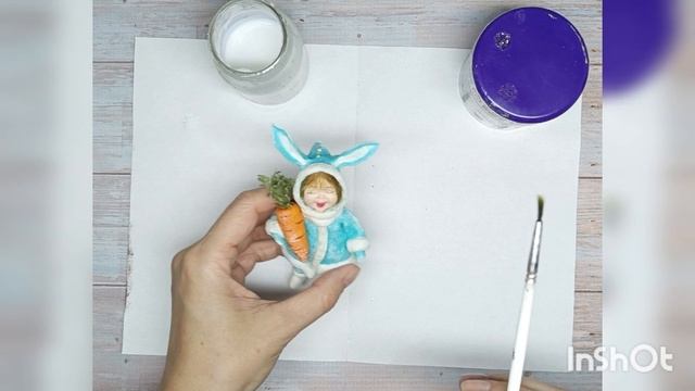 Ватная игрушка "Зайка с морковкой", часть 5. Тонировка и глиттер