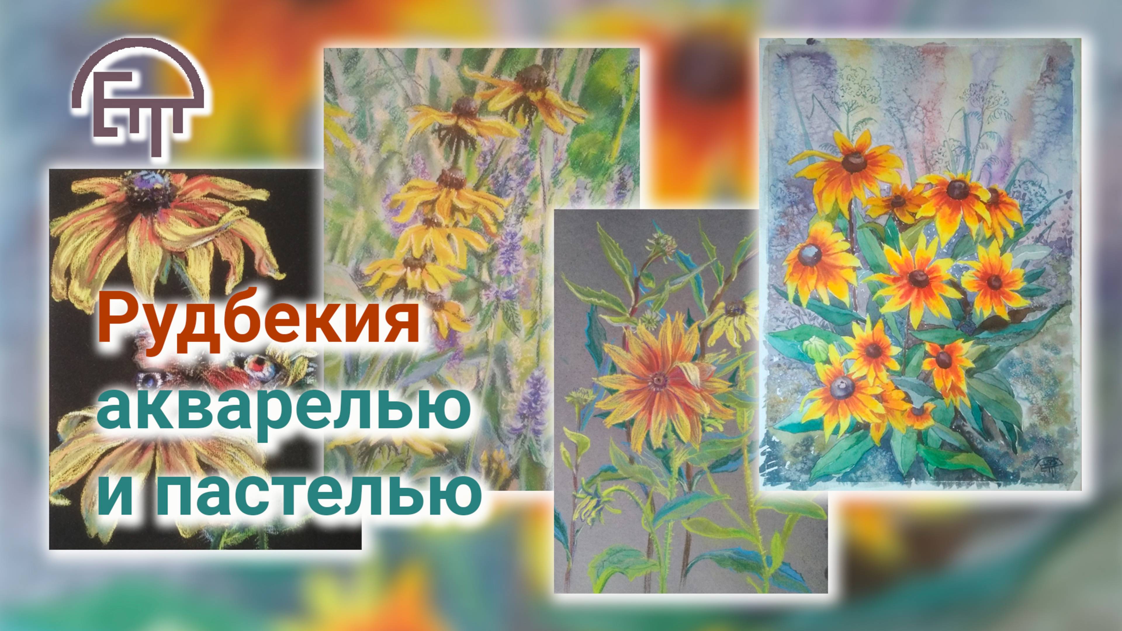 Рудбекия акварелью и пастелью