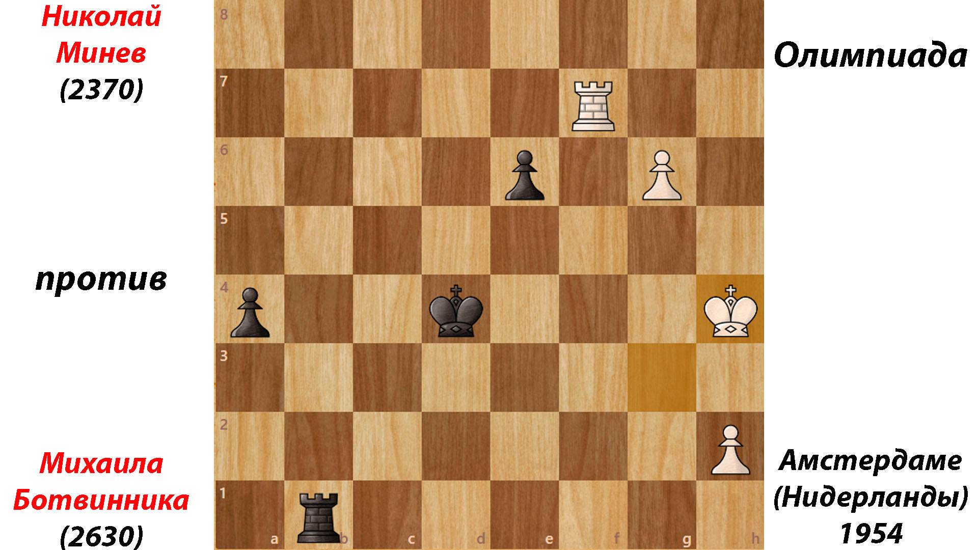Николай Минев против Михаила Ботвинника. Олимпиада в Амстердаме (Нидерланды), 1954.