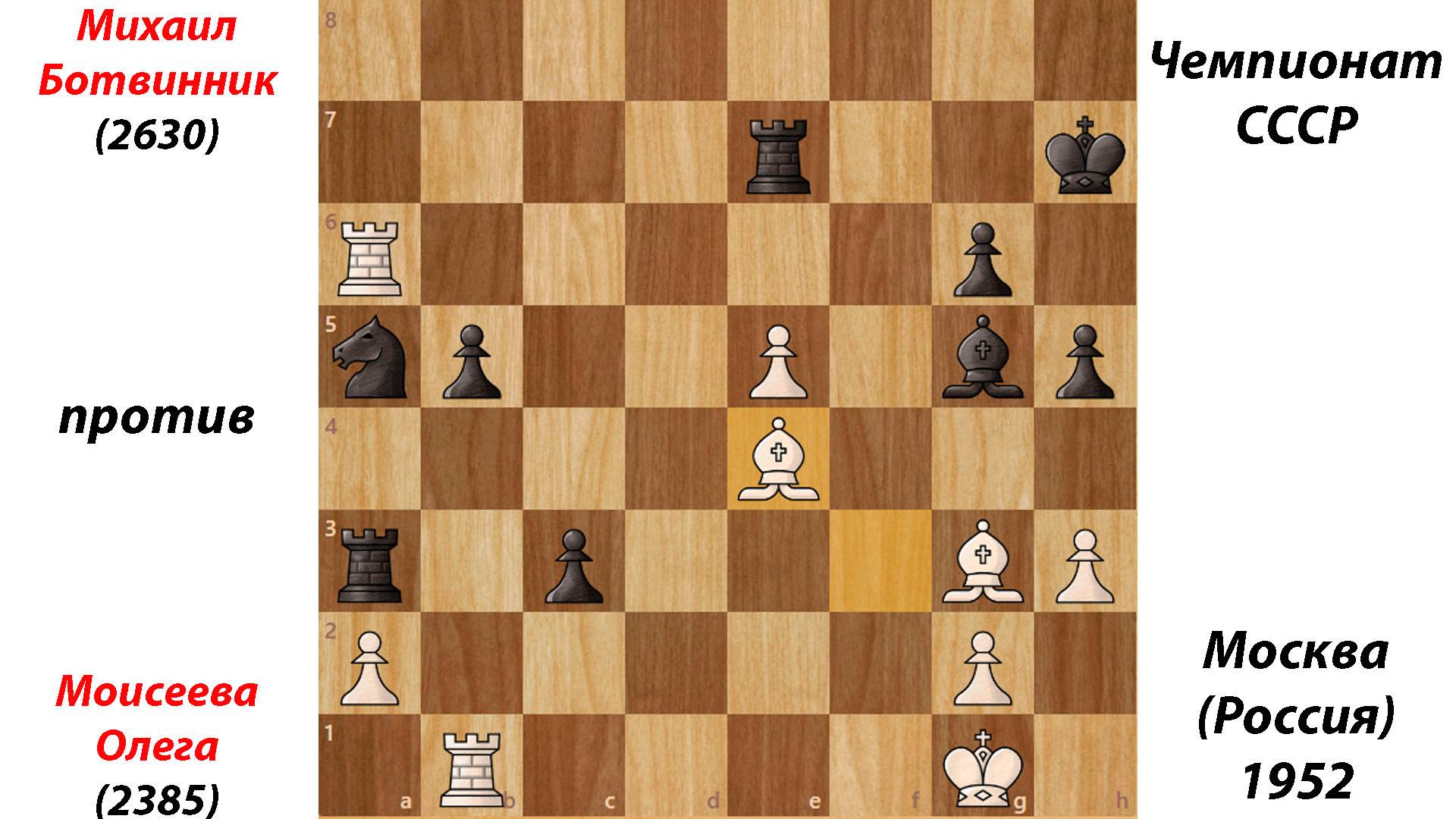 Михаил Ботвинник против Моисеева Олега. Чемпионат СССР. Москва (Россия), 1952.