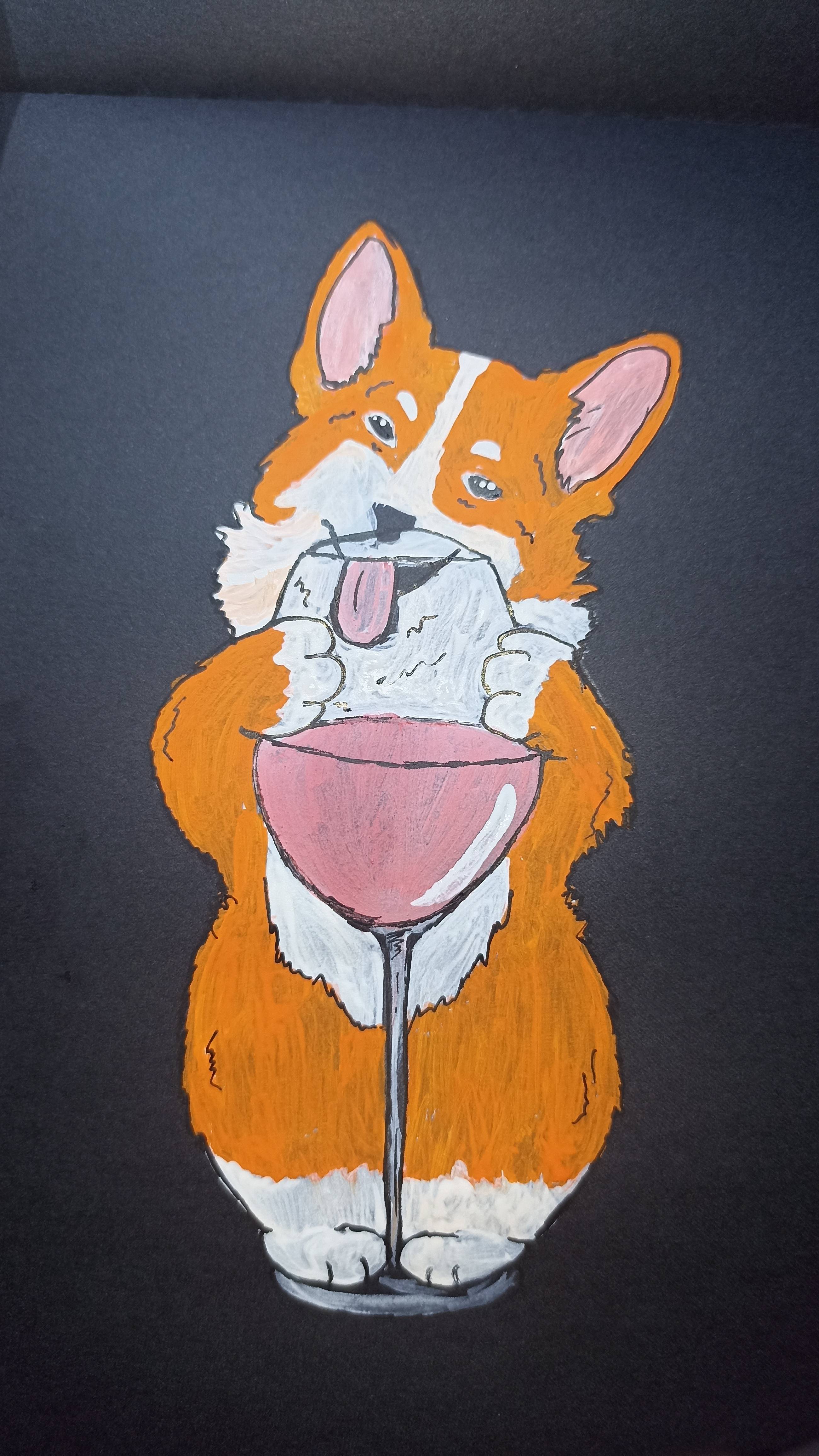 Рисунок гуашью / Корги держит бокал