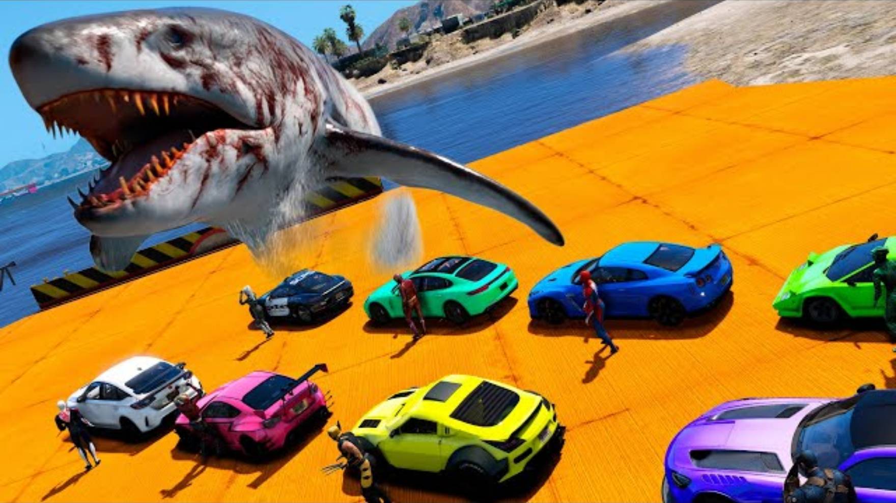 ГТА 5 Безумие паркура на озере! Опасные акулы и безумные трюки НА ТАЧКАХ