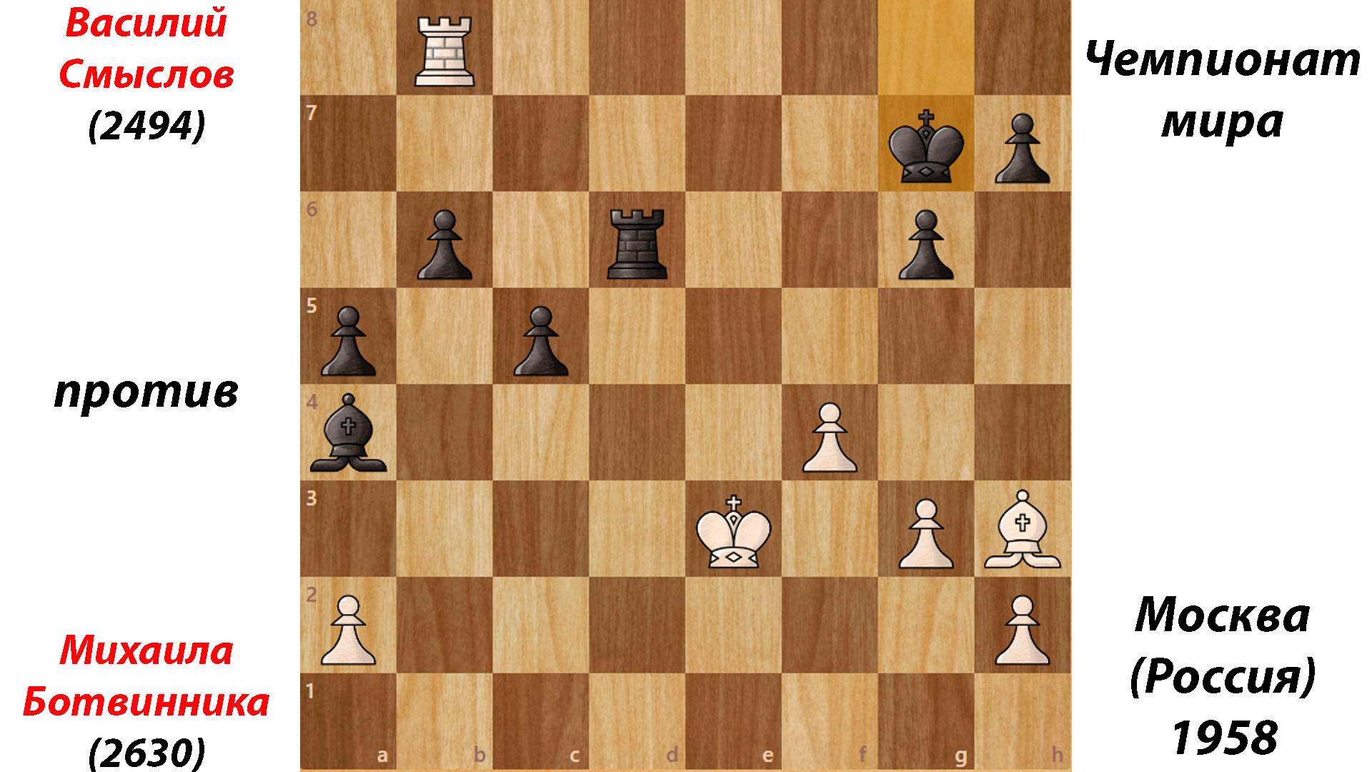 Василий Смыслов против Михаила Ботвинника. Чемпионат мира Москва (Россия), 1958.