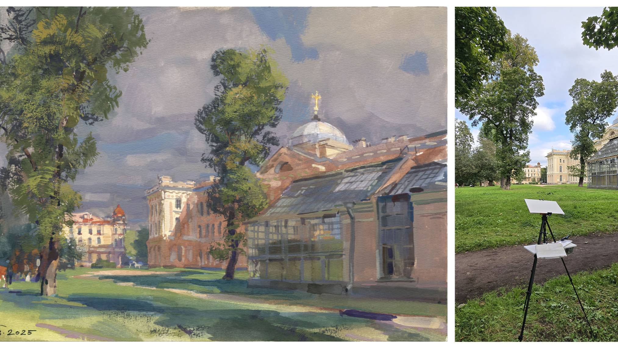 20250905 Академический садик. Петербург. Пленэрный этюд гуашь