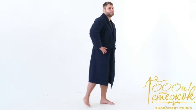 Мужской махровый халат с шалькой Премиум Россия (Темно-синий) - 1000 и 1 стежок