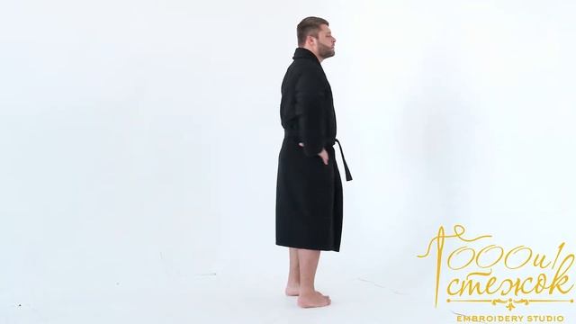 Мужской махровый халат с шалькой Премиум Россия (Черный) - 1000 и 1 стежок