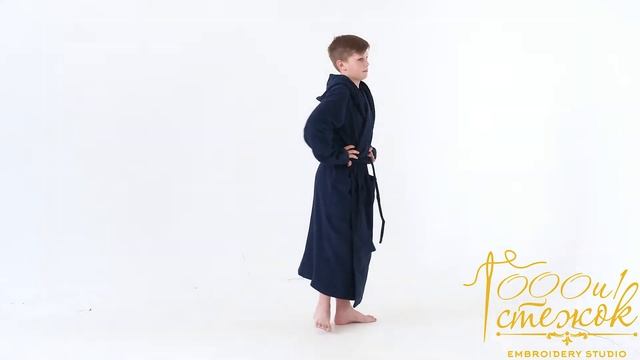 Подростковый махровый халат с капюшоном (Темно-синий) - 1000 и 1 стежок