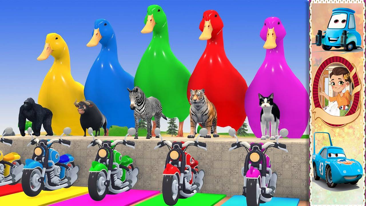 Мультики для детей. Длинная горка со слоном, тигры на мотоцикле, Яркие гуси. Мультфильмы для малышей