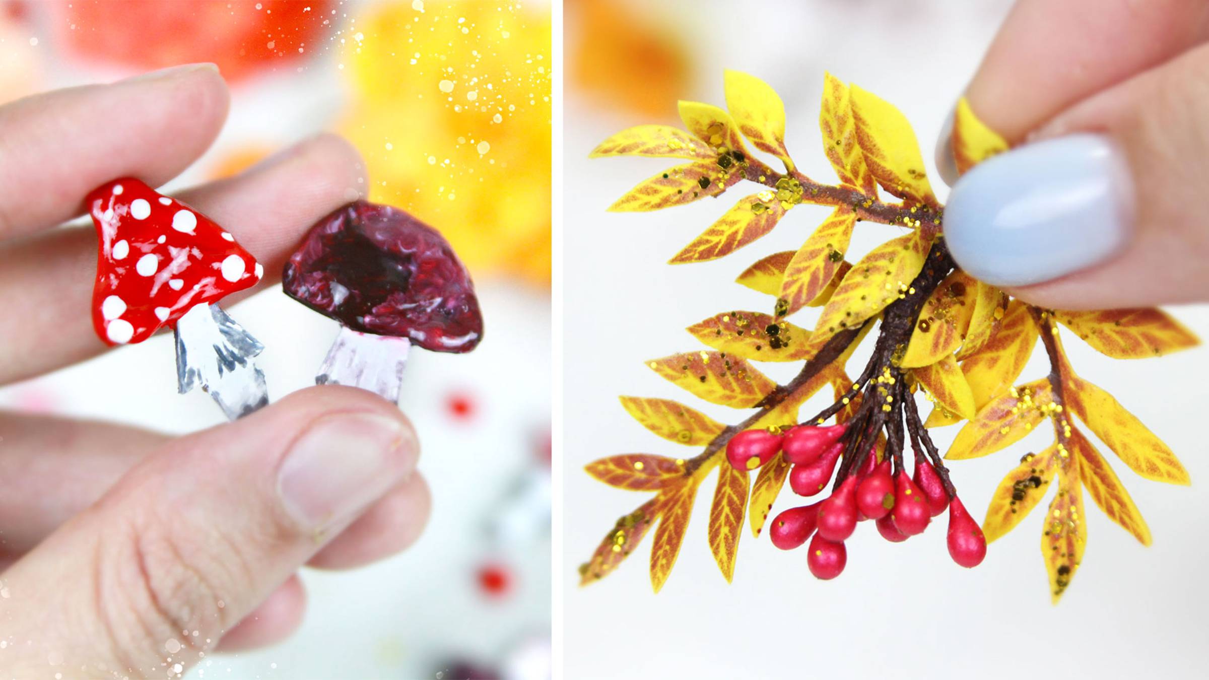 ДВЕ ИДЕИ осеннего декора своими руками для открыток и поделок. Маленькие грибочки и ягодные веточки