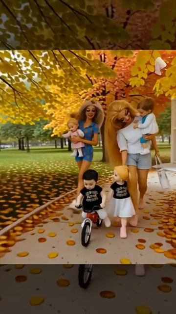 ИИ видео куклы БАРБИ на прогулке в осеннем парке